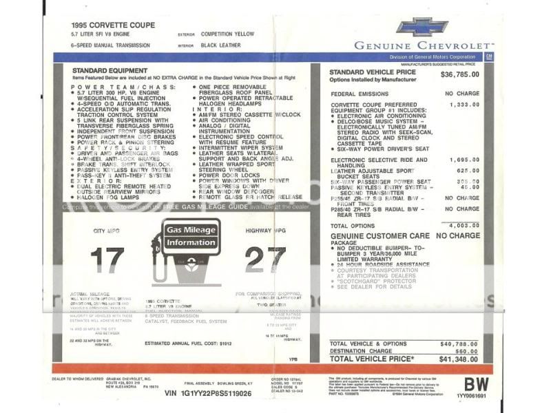 '95 Build Sheet - CorvetteForum - Chevrolet Corvette Forum Discussion